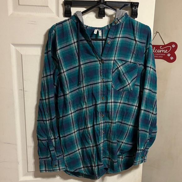 Mudd | Tops | Mudd Blue And Green Plaid Hooded Shirt | Poshmark
